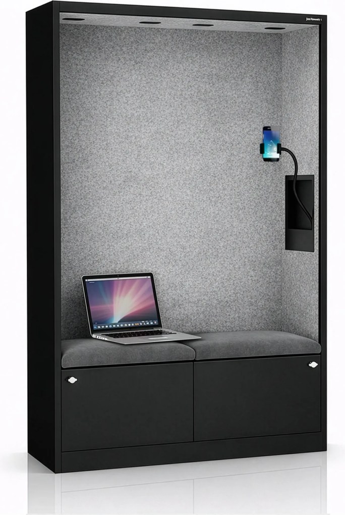 Kancelářská akustická kabina se sedátkem a USB-C portem, korpus černý / sedák šedá, 1150 mm: SALLY MentalBox