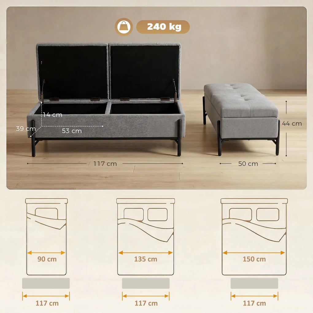 HOMCOM úložná lavice, lněný taburet s 2 přihrádkami, víky na pantech a extra polstrováním, sedadlo s knoflíkovým prošitím — (117 x 50 x 44 cm), šedá