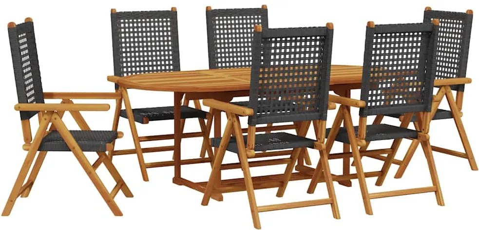 7dílný zahradní jídelní set černý polyratan a masivní dřevo 3281718