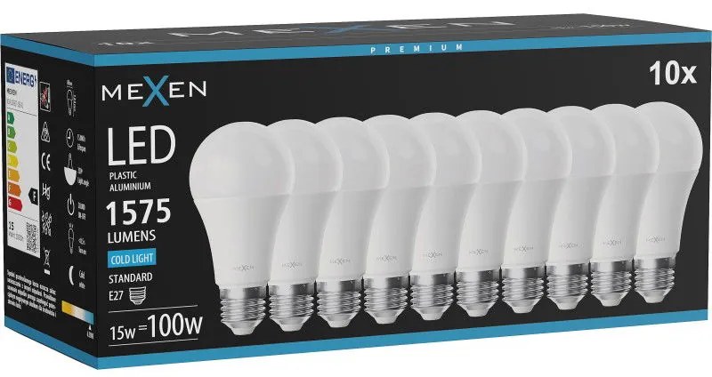 Mexen Nova 10x LED žárovka E27, A60, 15W, Studená - 6500K, 1575 lm - L100-E27-1565-01x10