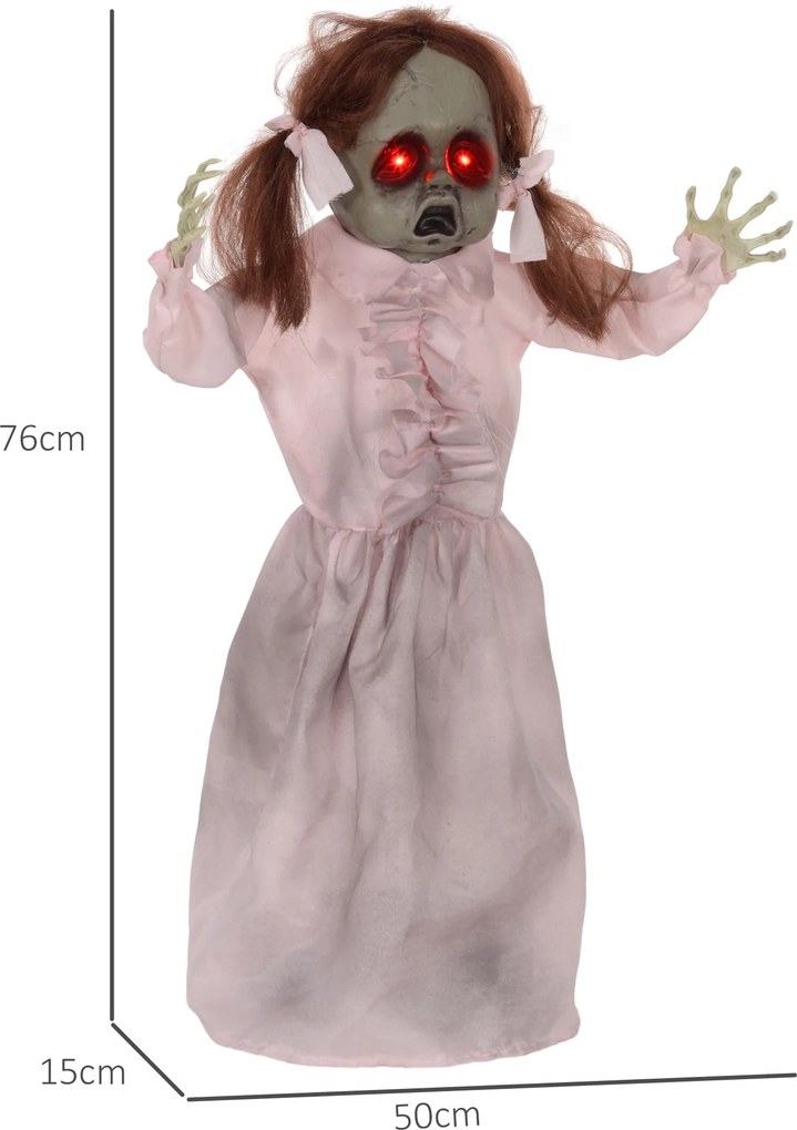 HOMCOM Hororová panenka, halloweenská dekorace, aktivována zvukem/ dotykem, červené oči, zvuk, 76 cm