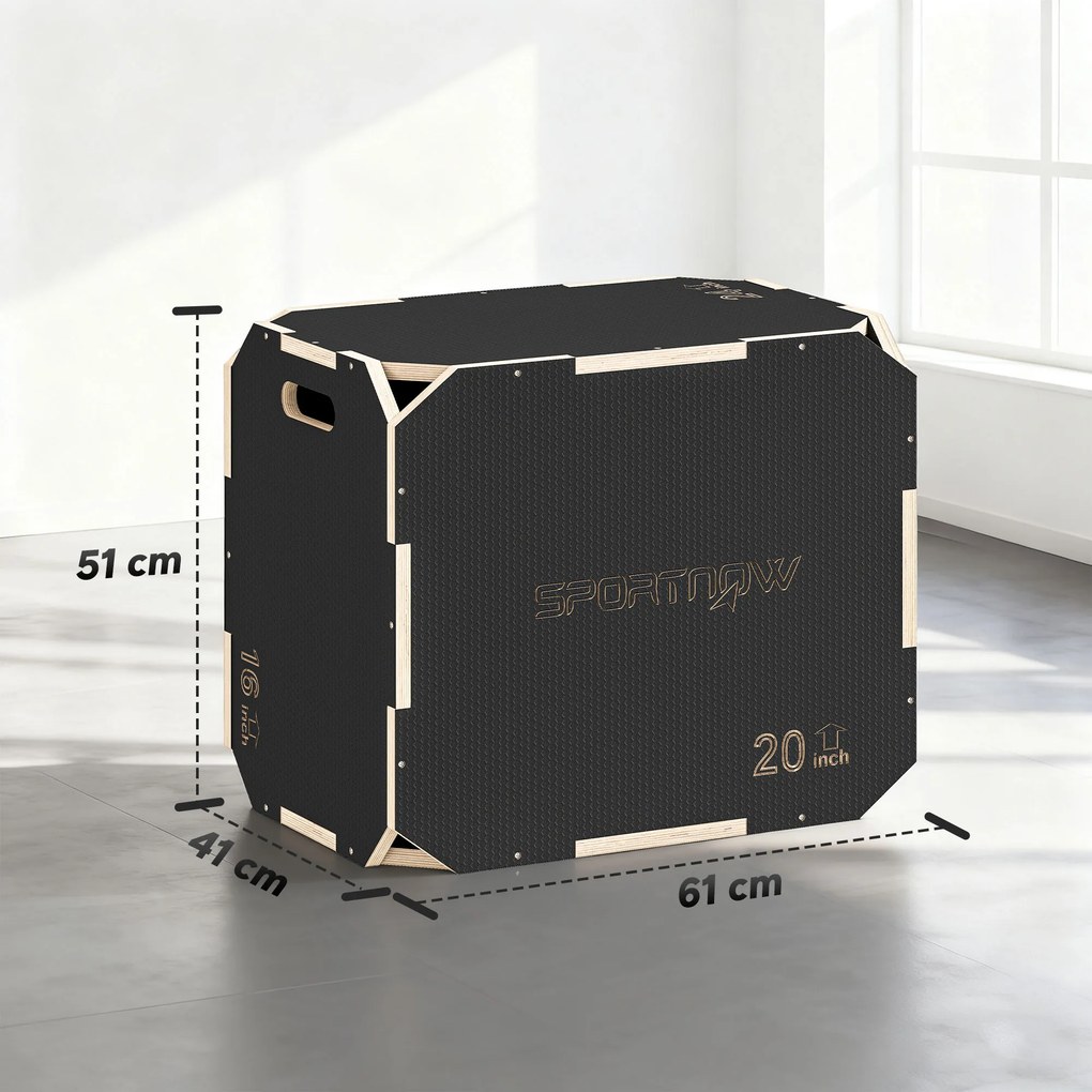 SPORTNOW 3-v-1 Plyo-box, skákací box s otvory pro uchopení, pro domácí fitness a venkovní cvičení, 3 výšky skoku, dřevo, Černá
