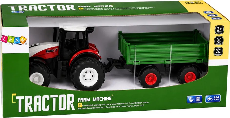 LEAN Toys Zemědělský traktor s vyklápěcím přívěsem, dálkově ovládaný, světla a zvuky, měřítko 1:24