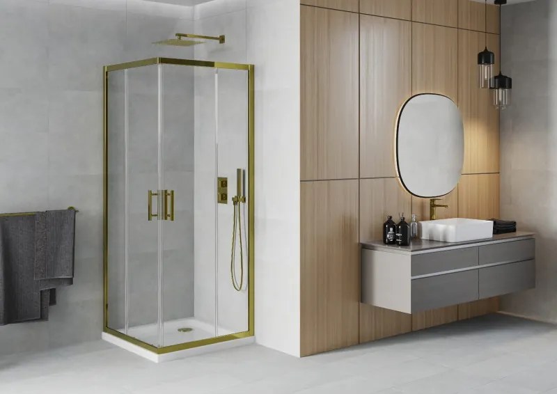 Mexen Rio, čtvercový sprchový kout s posuvnými dveřmi 90 (dveře) x 90 (dveře) x 190 cm, 5mm čiré sklo, zlatý profil + bílá sprchová vanička SLIM, 860-090-090-50-00-4010G