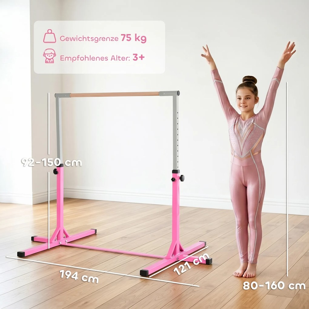 HOMCOM Gymnastická tyč pro děti, výškově nastavitelná hrazda, hrazda pro vnitřní i venkovní použití z dřeva & stabilní ocelová konstrukce do 75 kg, p…