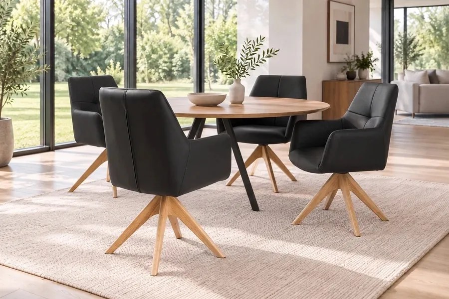 Designová otočná židle Devassy černá kůže / dub