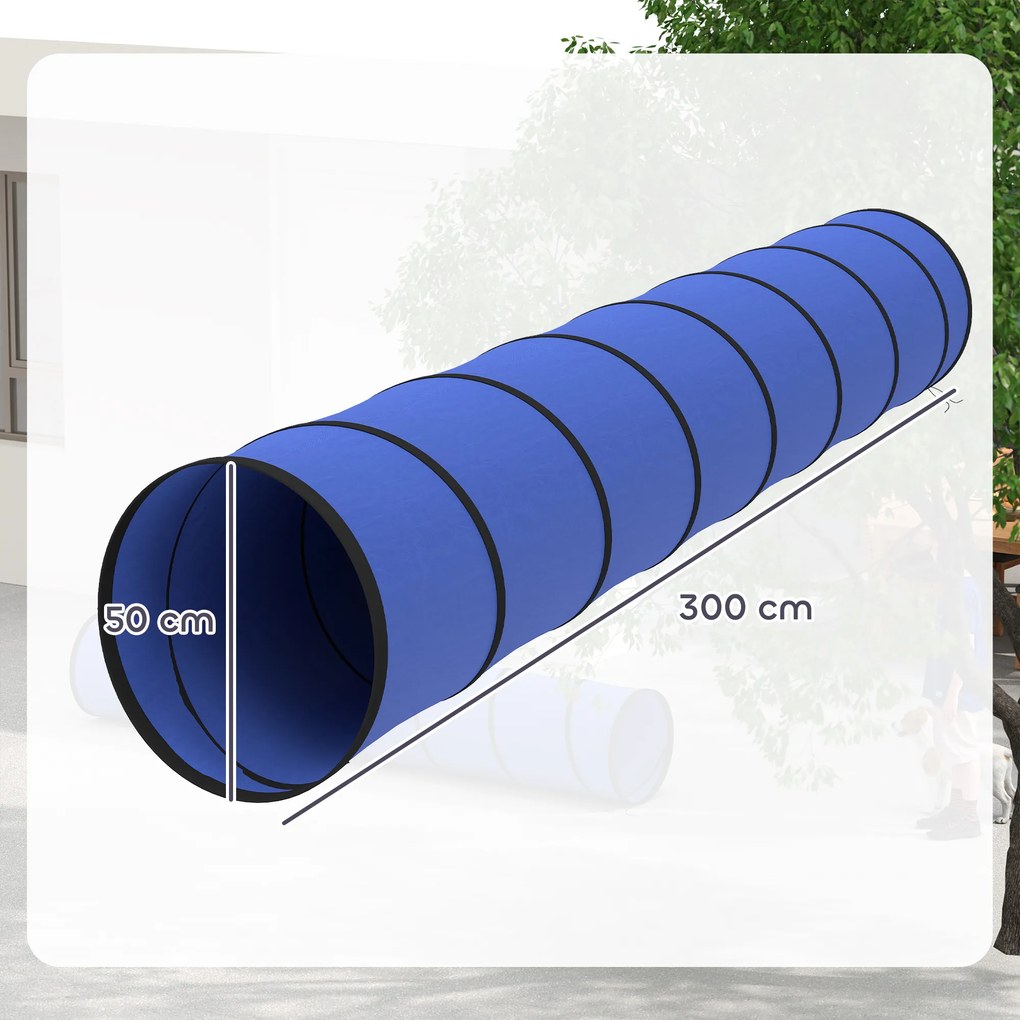 Psí agility tunel 300 x 50 cm Psí tunel se 4 kotvami do země Přenosná taška Hrací tunel pro malé středně velké psy Modrá barva