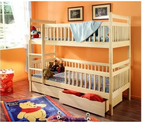 Dětská patrová postel se zábranou a úložným prostorem Alex, masiv borovice MEBLOBED, Capuccino akryl
