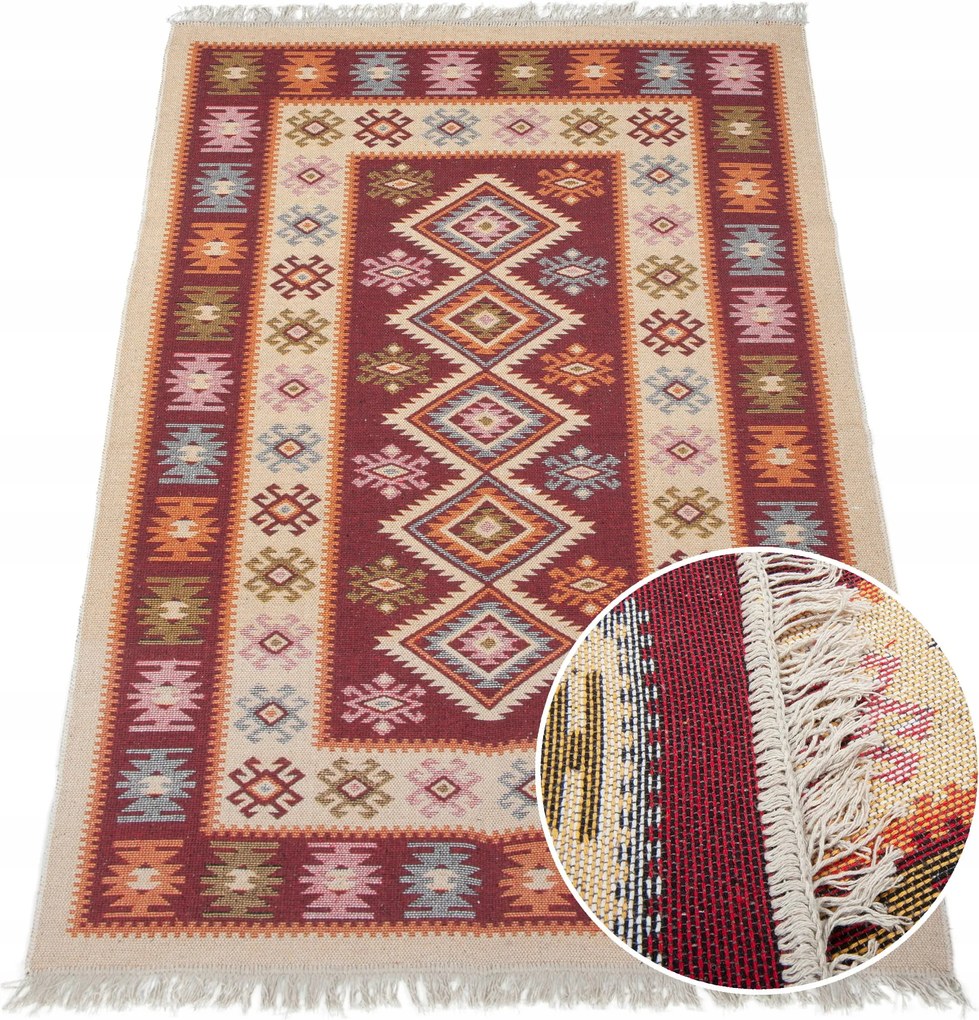 Koberec Kilim Boho Oboustranný Plochý Bordó Bavlna 120 X 180 Střapci