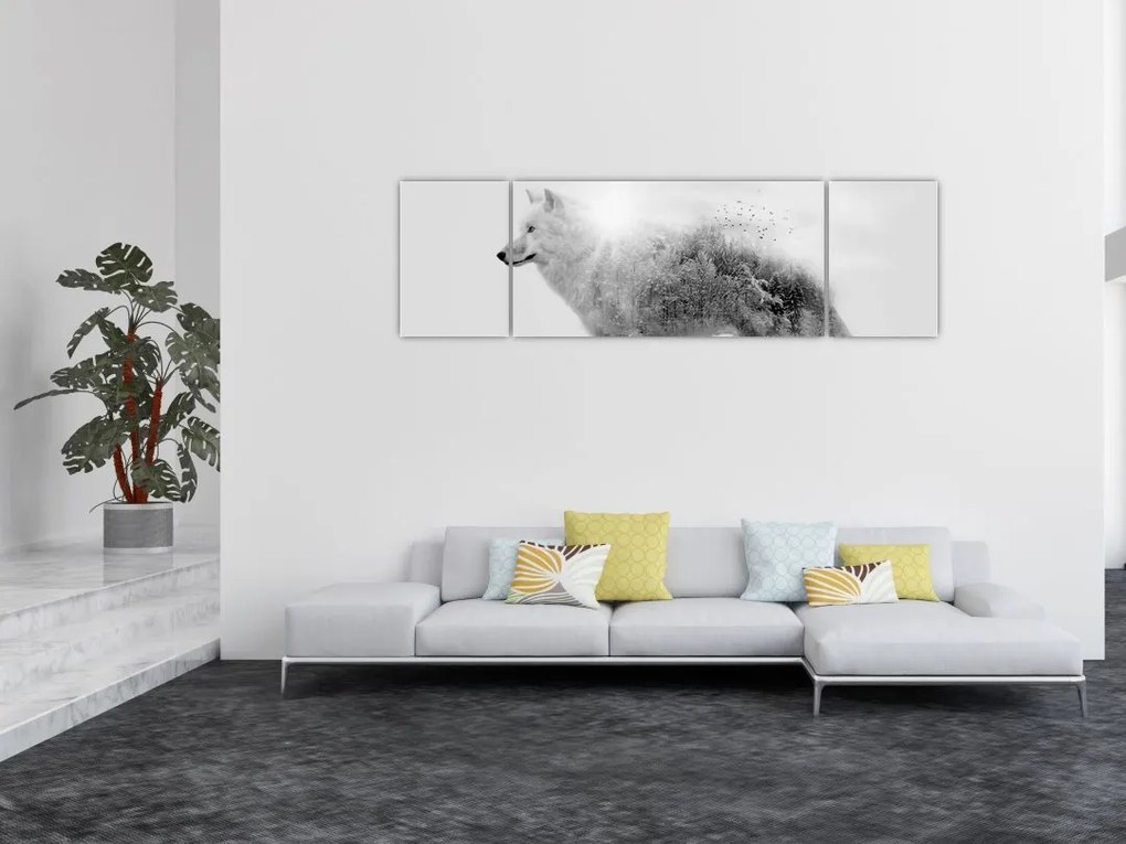Obraz - Arktický vlk zrcadlící divokou krajinu, černobílý (170x50 cm)