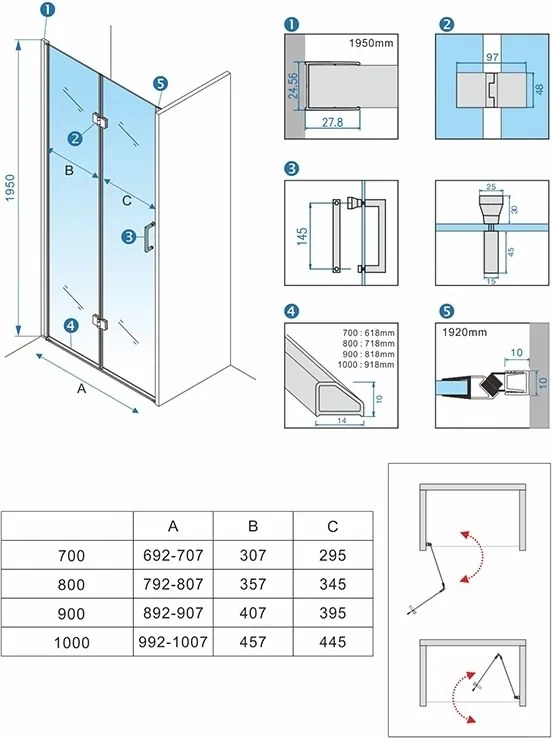 BPS-koupelny Zalamovací otočné sprchové dveře HYD-SD-21D 100 zlatá kartáčovaná/transparent pro instalaci do niky - bez vaničky
