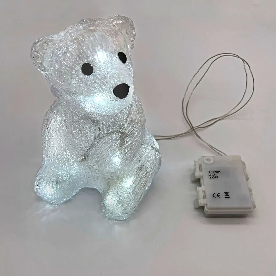 3D LED svítící medvěd sedící na baterie, 16 diod, s časovačem, 18 × 13 cm, ledově bílá, hliník, IP44 venkovní