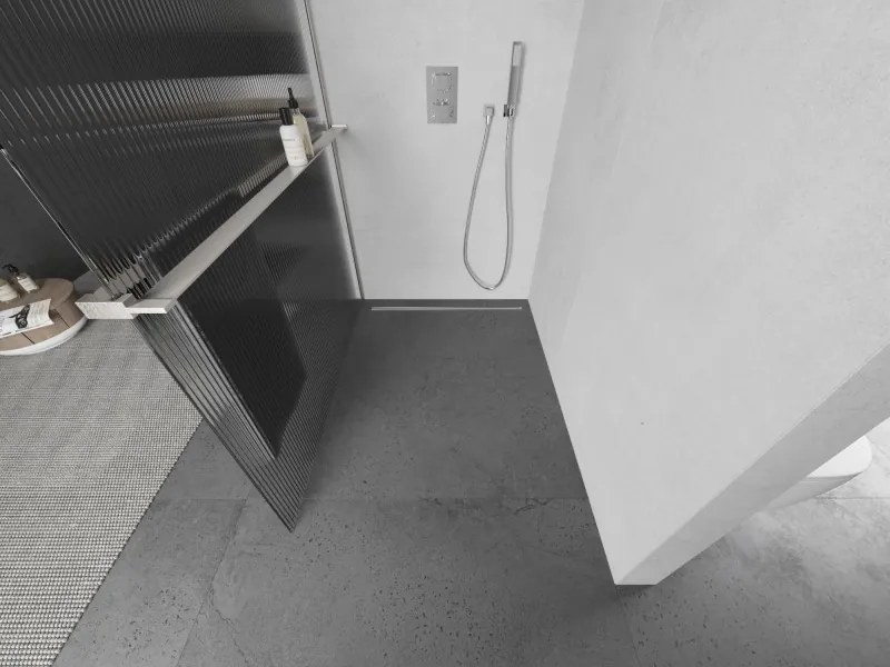 Mexen Kioto+ L, sprchová zástěna Walk-In s poličkou a věšákem 110 x 200 cm, 8mm sklo s žebrovým vzorem, broušená ocel profil, 800-110-123-97-09