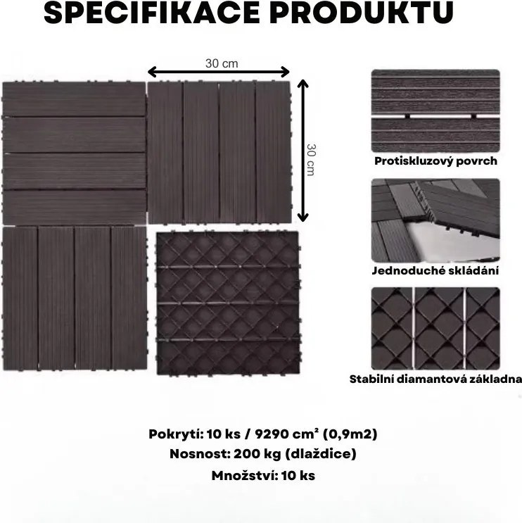 ConSys Plastové dlaždice 30x30x1,5 cm PP 67295 sada 10 kusů tmavě hnědá