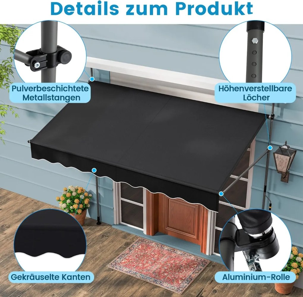 Costway 250 cm balkónová markýza bez vrtání s ruční klikou, výškově nastavitelná