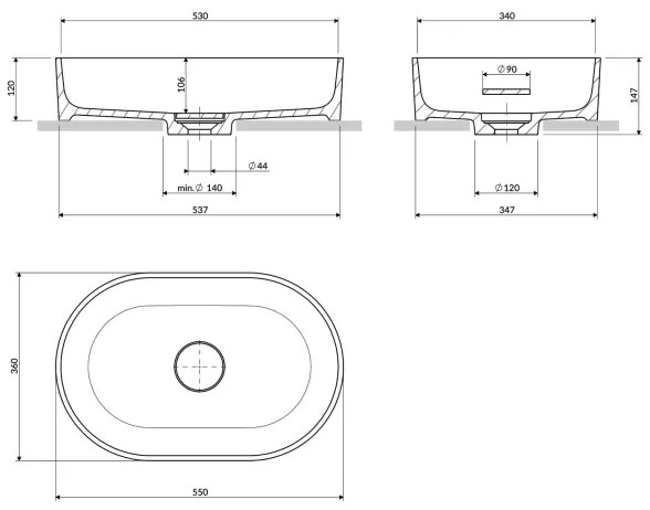 OMNIRES OVOUNAG - Umyvadlo na desku OVO 55x36 cm dolomit/matná popelavě šedá