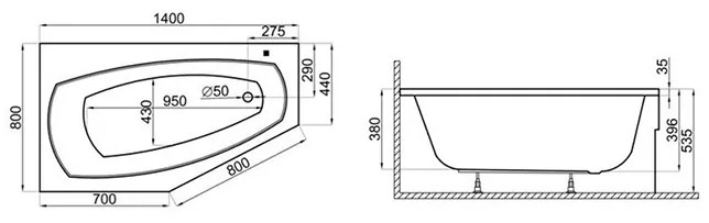 Polimat Akrylátová asymetrická vana Marika 140x80 L(R) AS Barva: Bílá, Orientace: Pravá