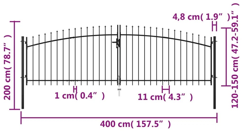 vidaXL Marketos Dvoukřídlé plotové brány Woerden s kopím nahoře 400 x 199,5 cm