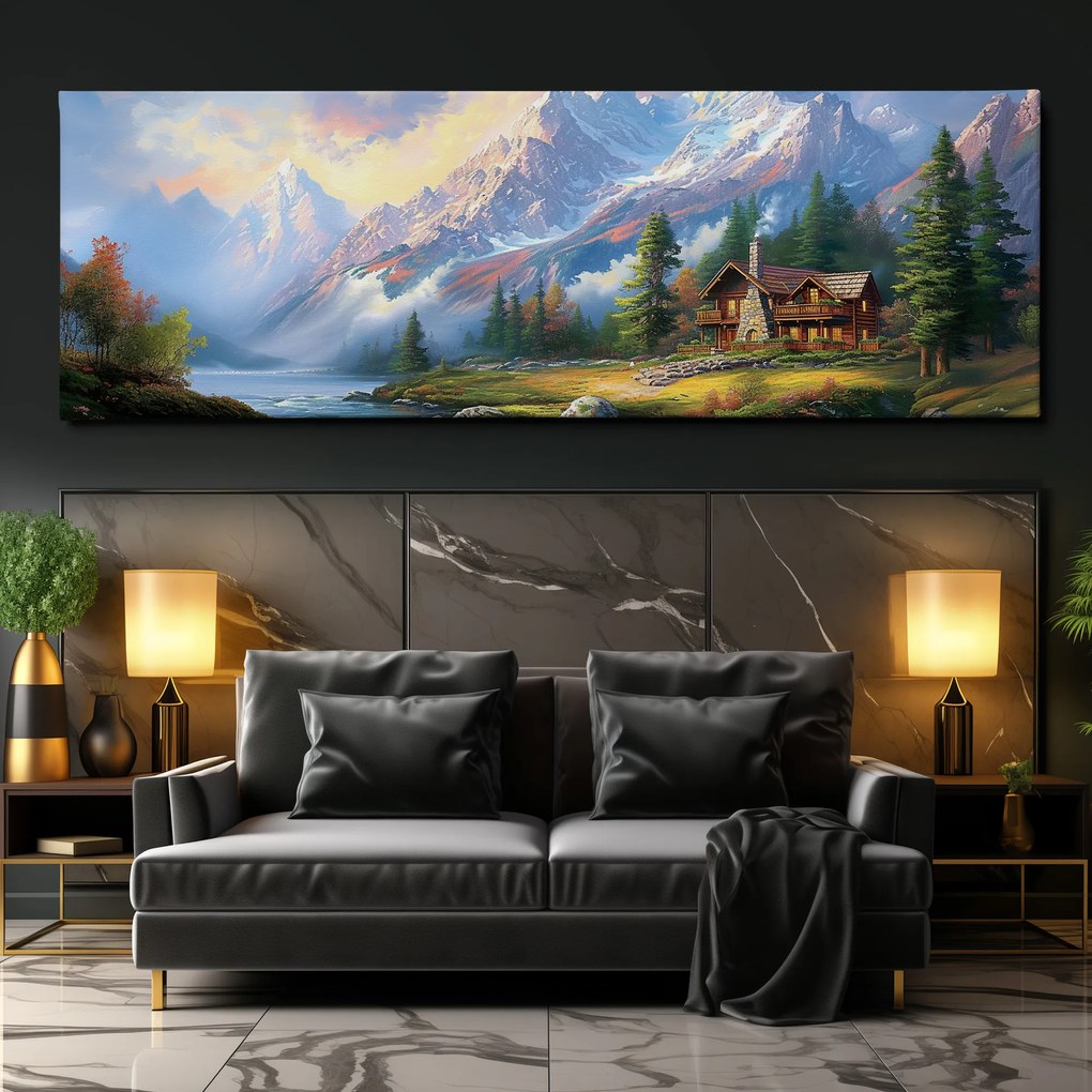 Obraz na plátně - Kouzelná chata v údolí hor FeelHappy.cz Velikost obrazu: 180 x 60 cm