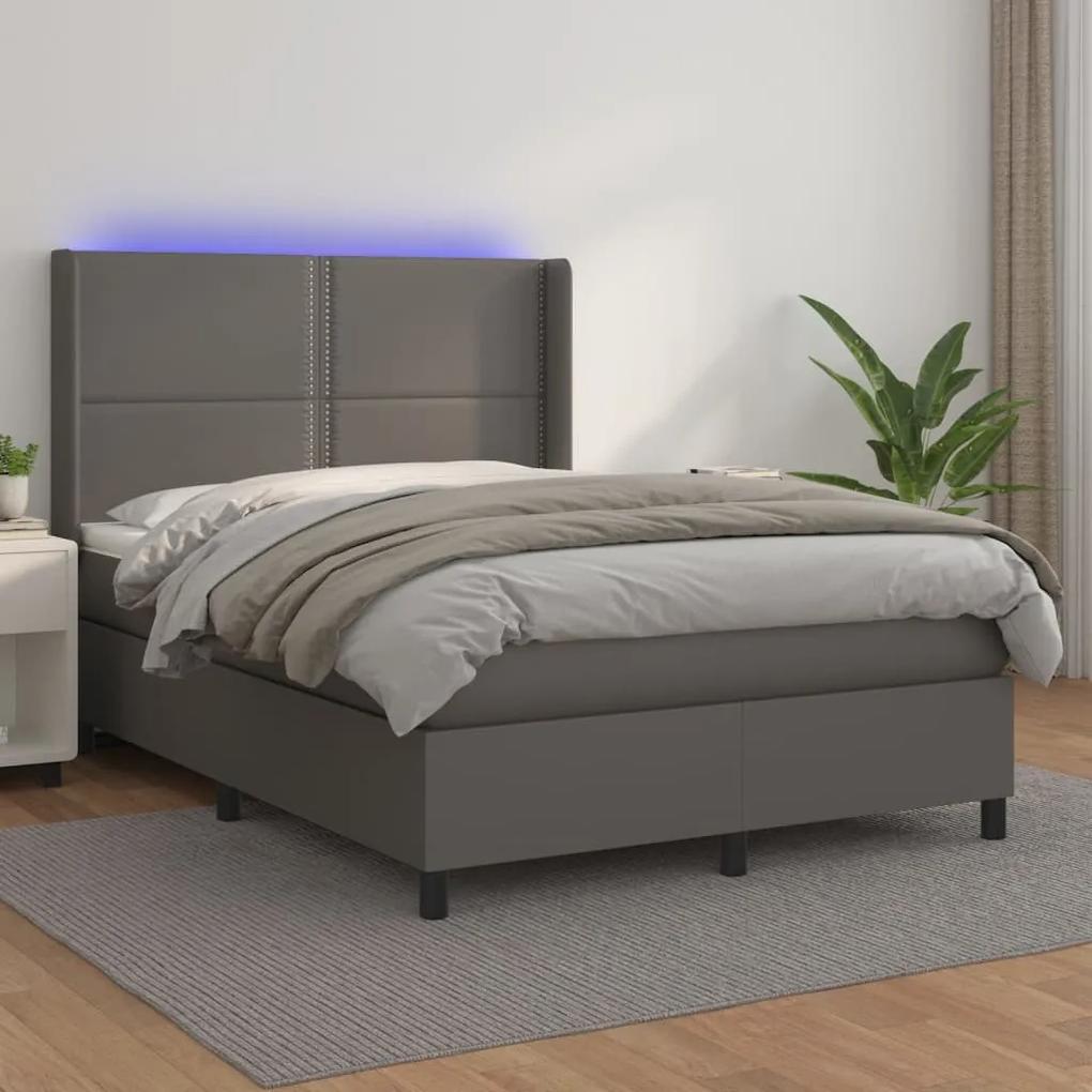 Box spring postel s matrací a LED šedá 140x190 cm umělá kůže,  3139323