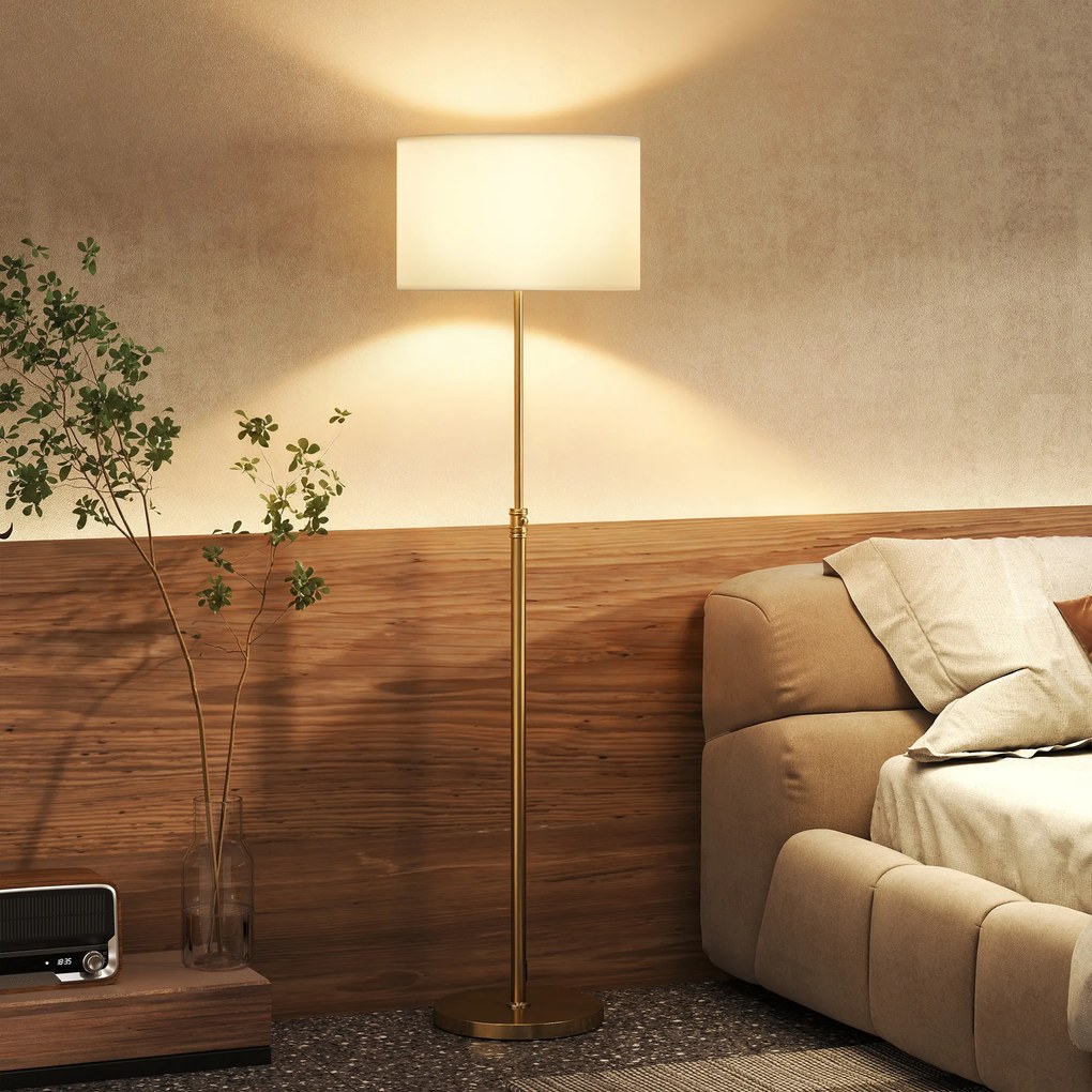 HOMCOM Stojací lampa s dálkovým ovládáním, výškově nastavitelná, látkové stínidlo, kovový stojan, nastavitelná jas, nožní spínač, zlatá barva