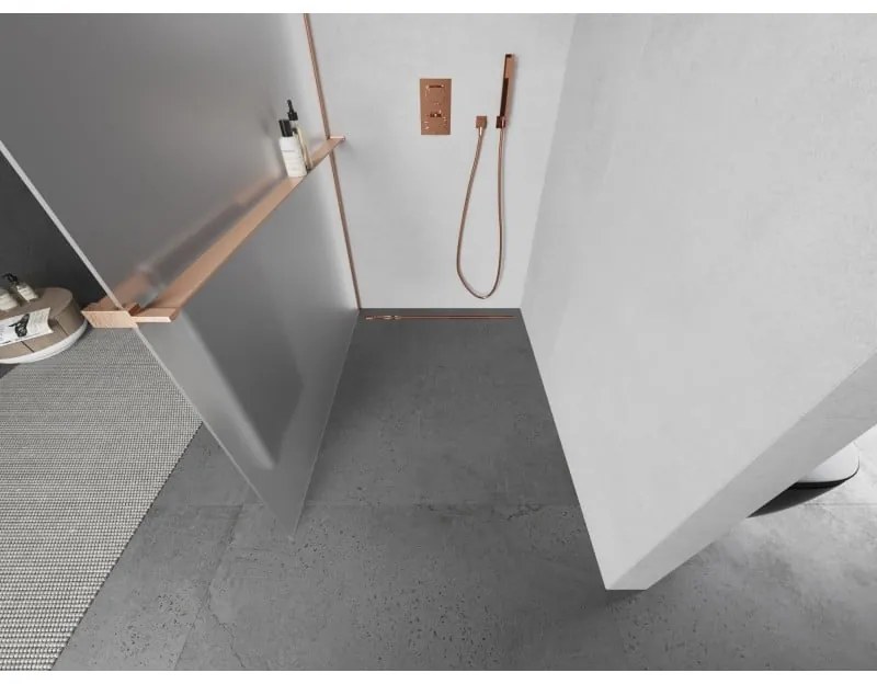 Mexen Kioto+ L, sprchová zástěna Walk-In s poličkou a věšákem 100 x 200 cm, 8mm sklo námraza, měděný matný profil, 800-100-123-65-30