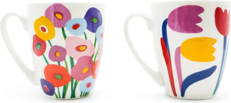 Sada 2 porcelánových hrnků Super Bloom, 350 ml – hravé květiny, červená a žlutá