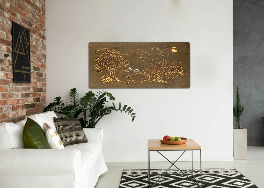 Li-Go "Tři duby" světelný obraz s baterií 110x50cm varianta: ovládání na obraze bez dálkového ovladače, provedení: bříza