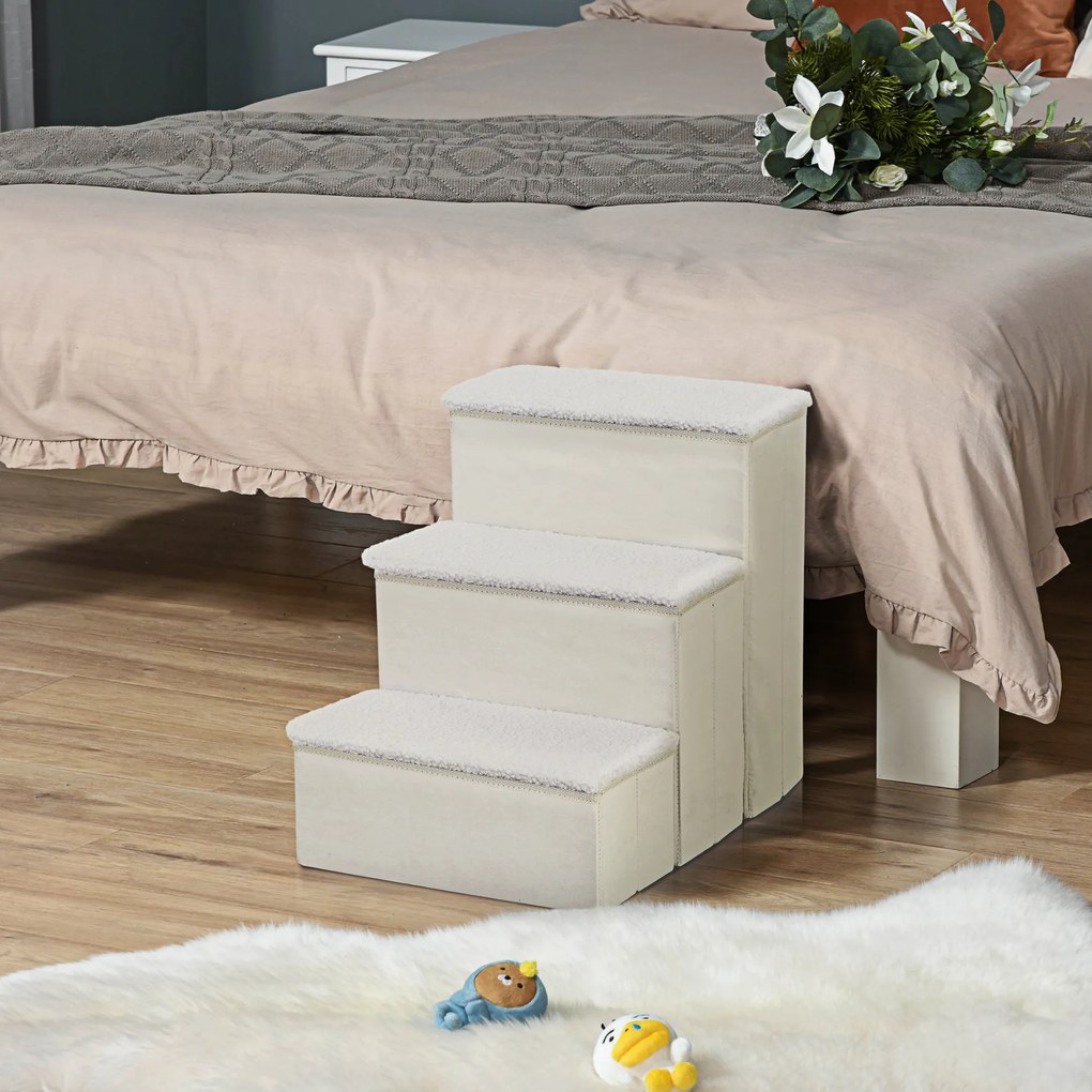 PawHut schody pro domácí mazlíčky skládací schody pro kočky schody pro psy 3 stupně s úložným prostorem pro kočky a psy MDF Bílá 40x54x48cm