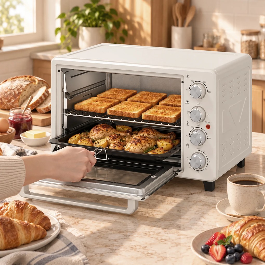 HOMCOM stolní elektrická trouba 32 L 1600 W se 3 režimy ohřevu, časovač, nastavitelná teplota 52,2x38,1x33,5 cm krémová