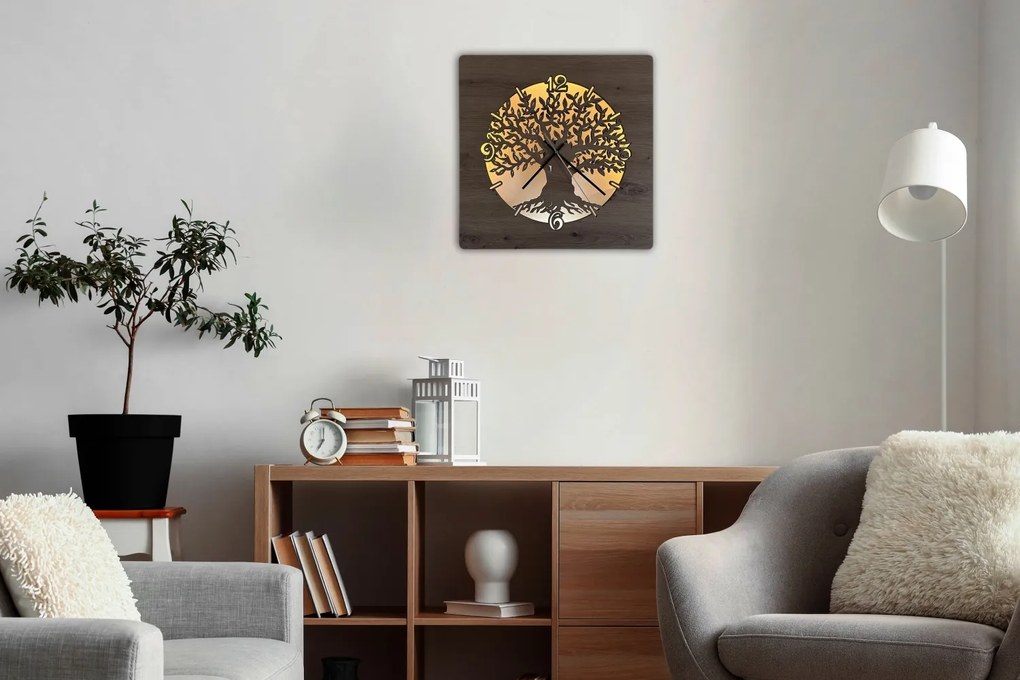 Li-Go "Olivovník v kruhu" Světelné hodiny s baterií, 42x42 cm  včetně dálkového ovládání provedení povrchu: černá s patinou