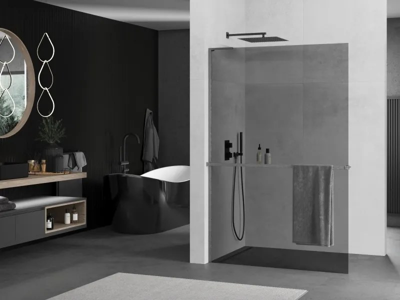 Mexen Kioto+ L, sprchová zástěna Walk-In s poličkou a věšákem 100 x 200 cm, 8mm šedé sklo, grafitový profil, 800-100-123-66-40