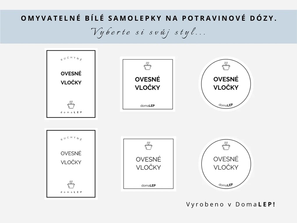 OVESNÉ VLOČKY - omyvatelná samolepka na dózu, výběr rozměrů Ø 5 cm / 5 x 5 cm / 6 x 8 cm | DomaLEP tvar: OBDÉLNÍK, barva: BÍLÁ - ČERNÉ písmo, velikost: š. 6 cm x v. 8 cm - tučné písmo