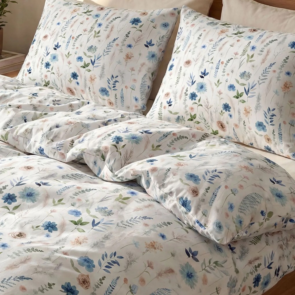 Perkálové bavlněné prodloužené povlečení Boho zahrada - modré Velikost: 140 x 220 + 70 x 90