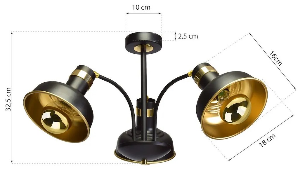 Stropní svítidlo Margo, 3x zlaté/černé kovové stínítko, b/g