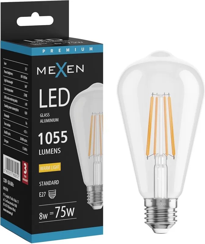 Mexen Vintis, LED filamentová žárovka E27, ST64, 8 W, teplá bílá 2700K, čirá, L152-E27-0827-00