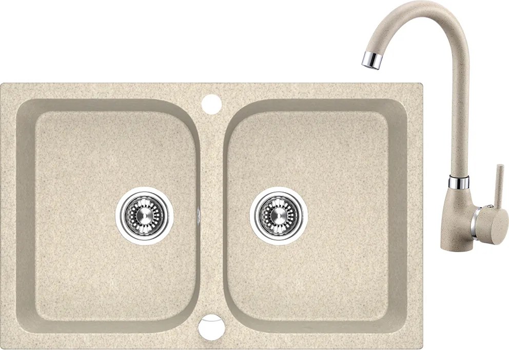 Laveo Celia, 2-komorový granitový dřez 760x480x184 mm + dřezová baterie s výlevkou ve tvaru U, béžová, LAV-SJCE420T