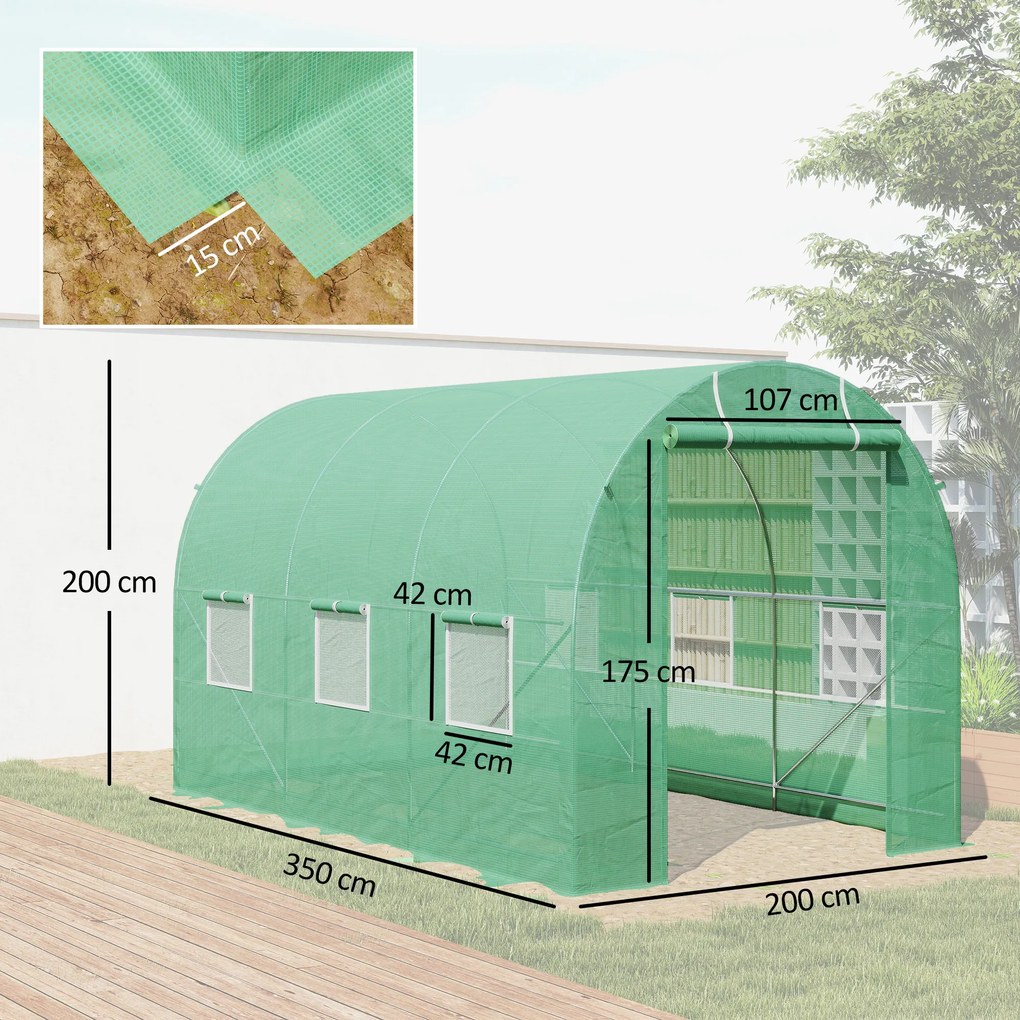 Outsunny Fóliový skleník na rajčata Fóliový tunelový skleník s oknem Zelený 350 x 200 cm