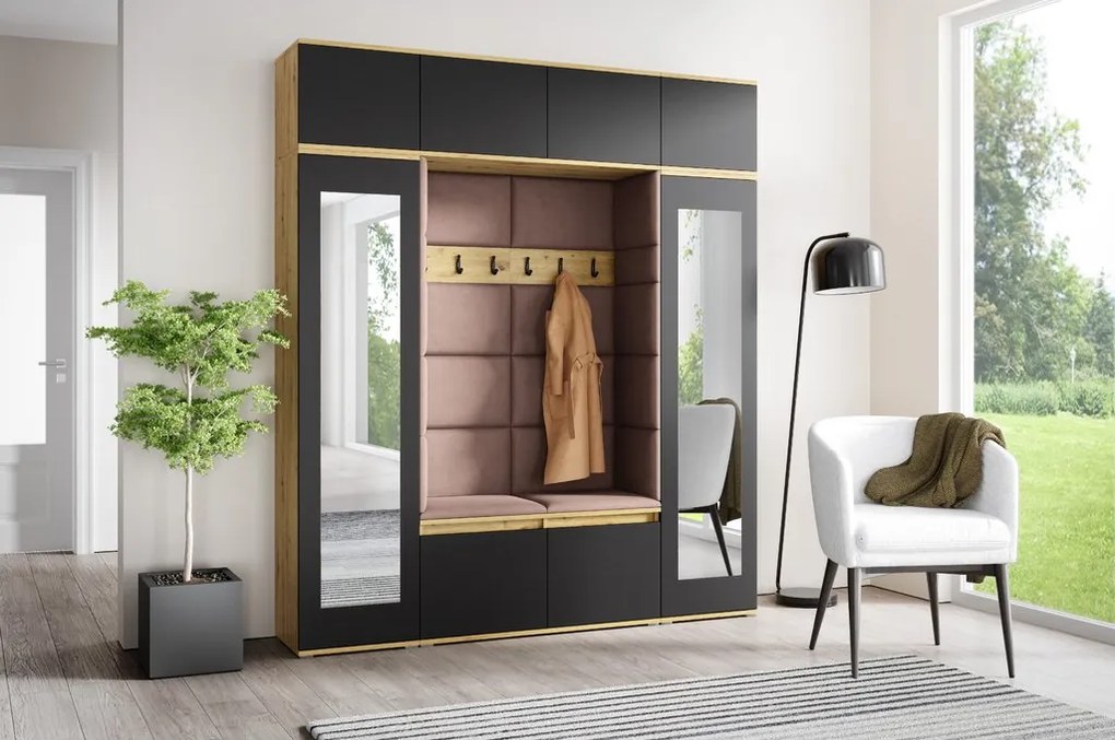 Eka Předsíňová stěna s čalouněnými panely Trinity 32 - Dub Artisan s černou / Světlá hnědá 2306