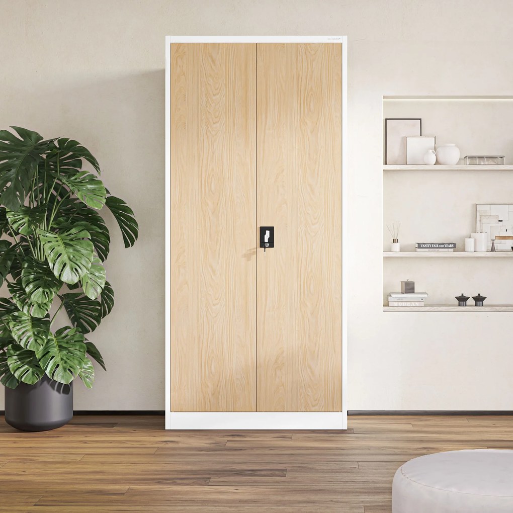 Vysoká kovová kancelářská skříň na dokumenty, bílá/dub sonoma, 900x1950x400 mm: JAN H Eco Design