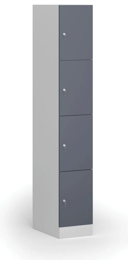 Šatní skříňka S1 s úložnými boxy, 4 boxy, 1850 x 300 x 500 mm, demont, cylindrický zámek, tmavě šedé dveře