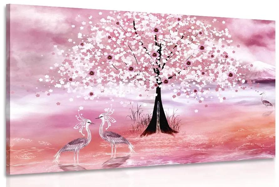 Obraz volavky pod magickým stromem v růžovém provedení Varianta: 60x40
