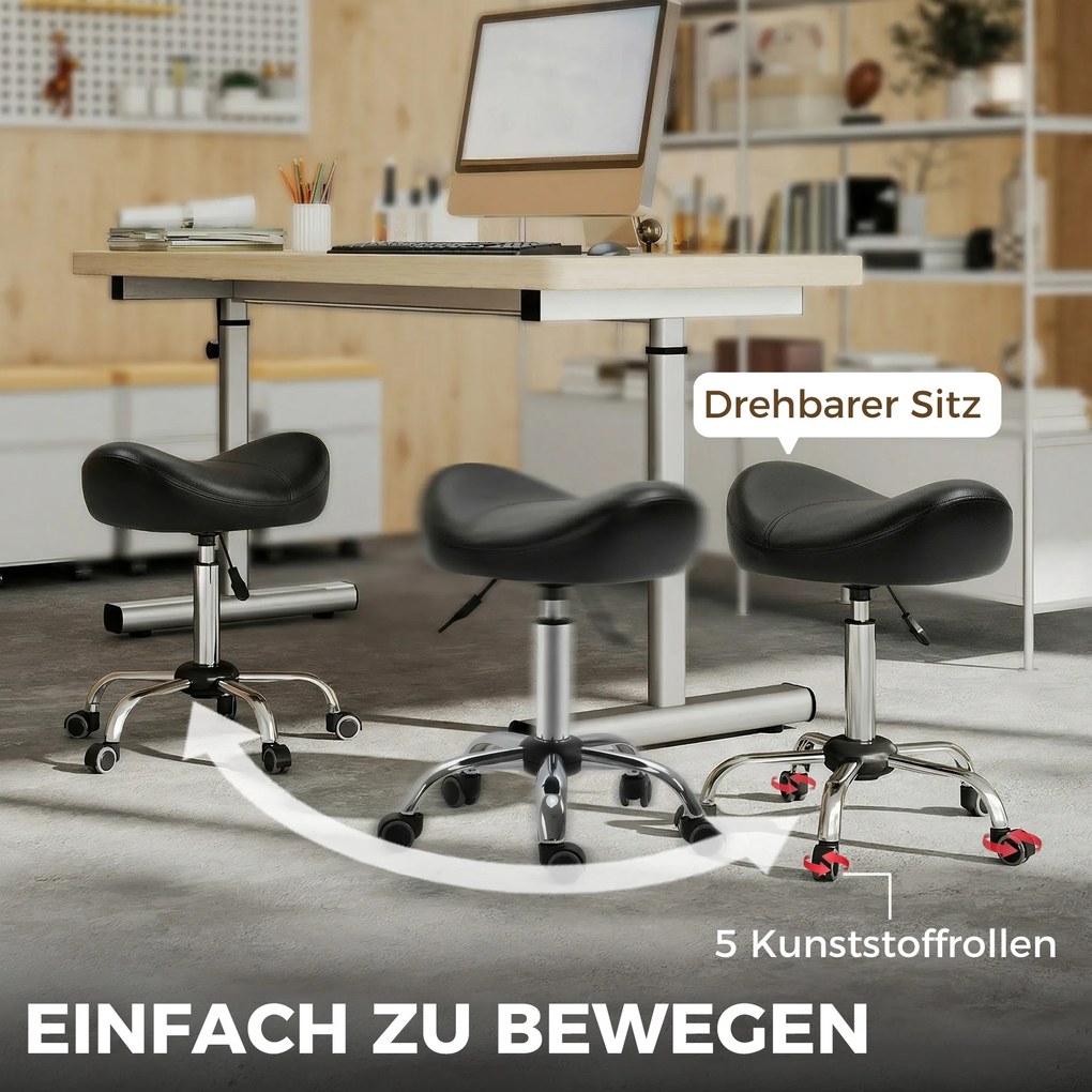 HOMCOM Rolovací stolička Výškově nastavitelná pracovní stolička s kolečky otočná imitace kůže černá 48 x 48 x 54-69 cm pro salony a masáže | Aosom.de