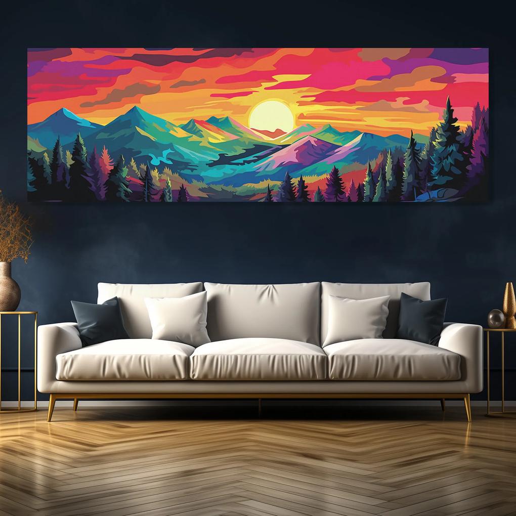 Obraz na plátně - Západ slunce nad horami Pop Art FeelHappy.cz Velikost obrazu: 240 x 80 cm