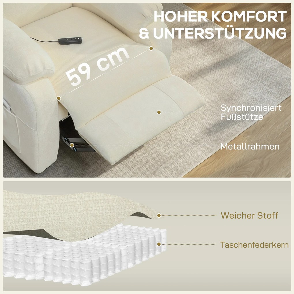HOMCOM Elektrické relaxační křeslo televizní křeslo s opěrkou nohou, bočními kapsami, bezkartáčovým motorem, USB portem, dálkovým ovládáním