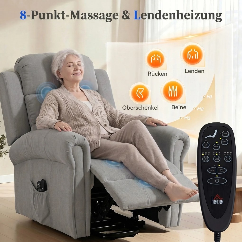 HOMCOM Masážní křeslo s asistencí při vstávání, relaxační křeslo, vibrační hlavy, s polohovací funkcí, vzhled lnu, světle šedá