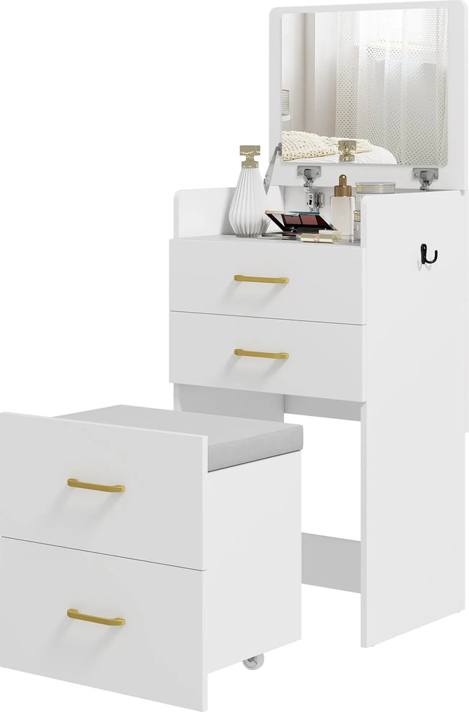 HOMCOM 3-v-1 Toaletní Stolek se Židlí - Toaletní Stolek s Zrcadlem, Zásuvkami a Skleněnou Deskou - Moderní Toaletní Stolek do Ložnice 48x40x90 cm Bílý