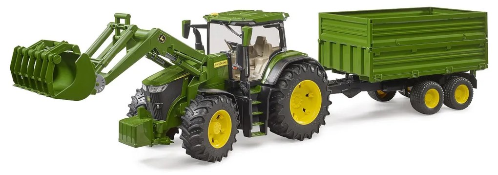Bruder Traktor John Deere 7R 350 s čelním nakladačem a tandemovým přepravním přívěsem