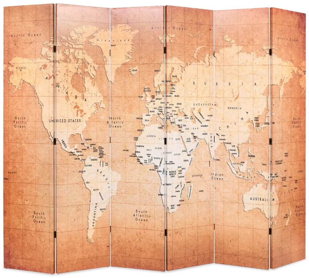 Skládací paraván 228 x 170 cm Mapa světa žlutá 245880