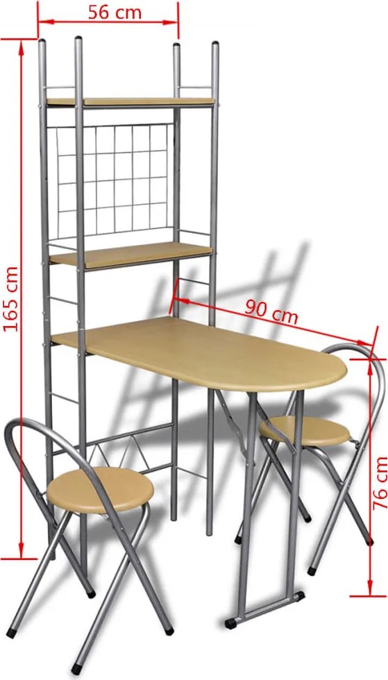 vidaXL 3dílný skládací jídelní set s úložným regálem MDF a ocel [241032] Barva: světle hnědá a stříbrná